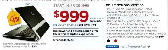 Black Friday:Dell Studio XPS 16 for $999 at Dell