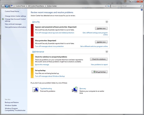 Using Action Center in Windows 7